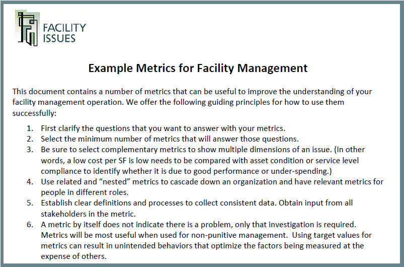 Example Facility Metrics - Handout from Facility Issues